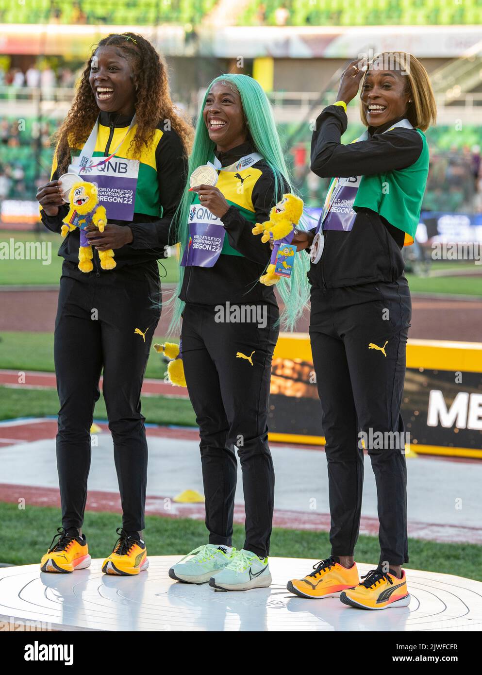 Shericka Jackson, Shelly-Ann Fraser - Pryce und Elastine Thompson-Herah ...