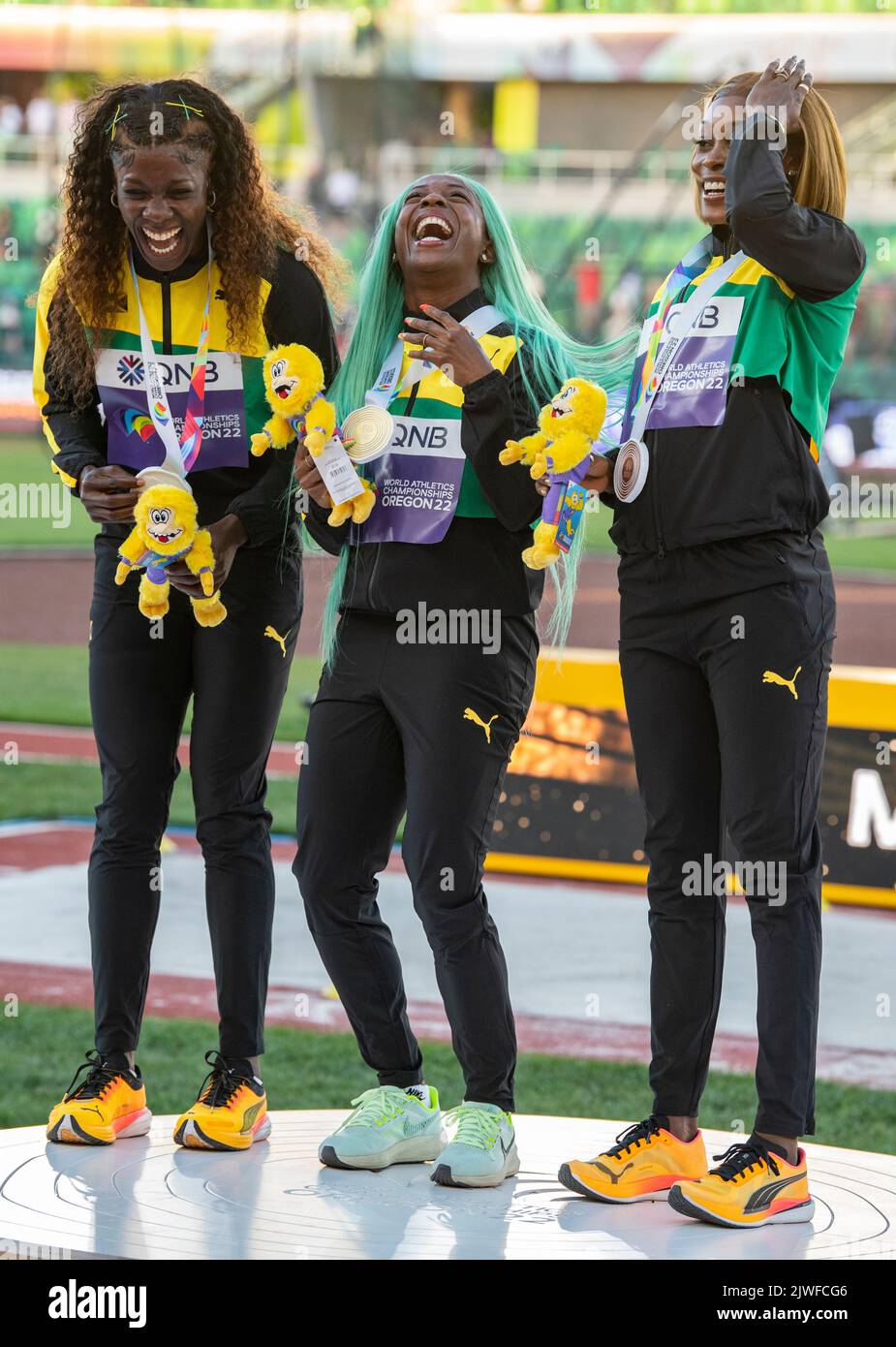 Shericka Jackson, Shelly-Ann Fraser - Pryce und Elastine Thompson-Herah ...