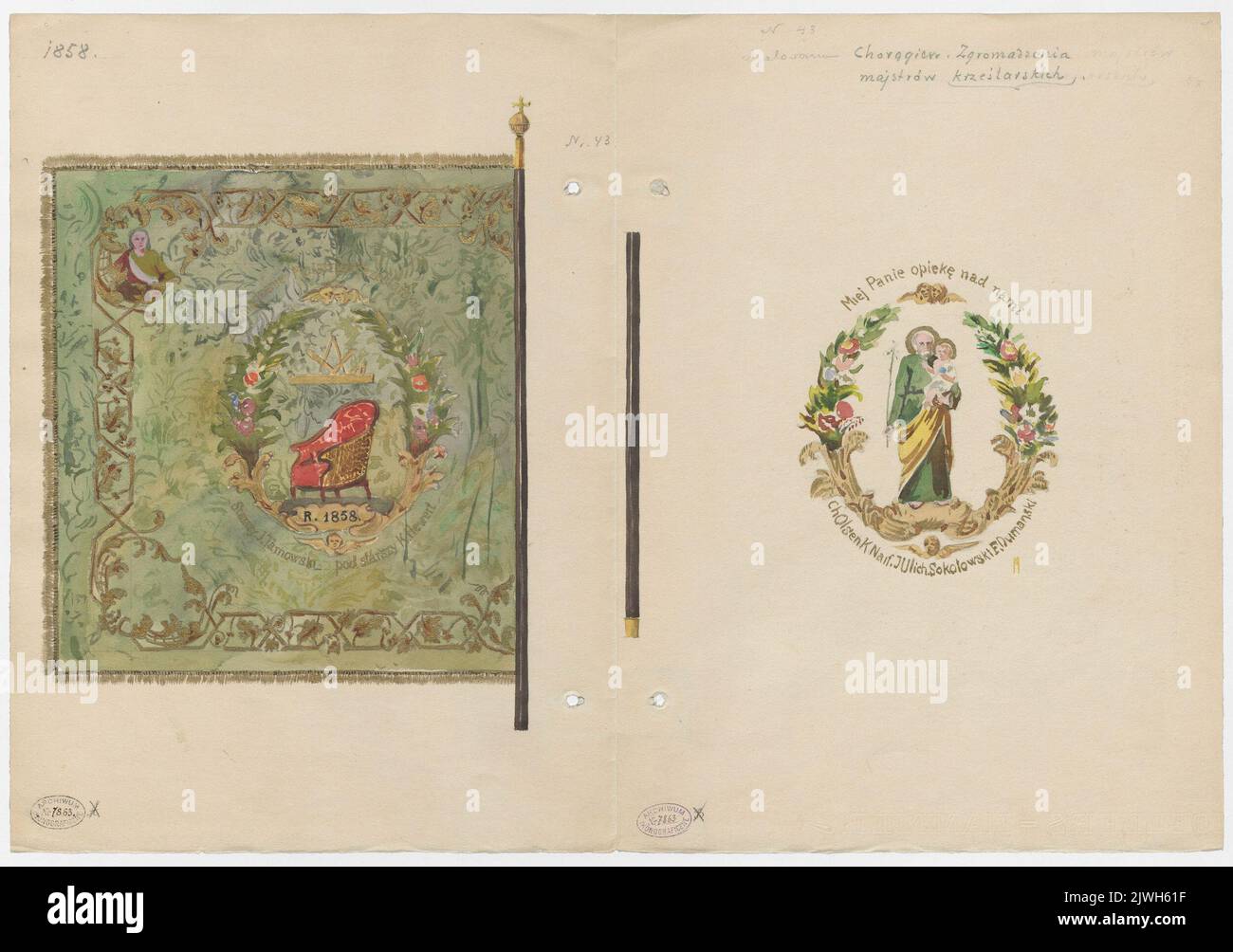 Heraldische Fahne des Verbandes der Zeichner, 1858 - zwei Zeichnungen ...