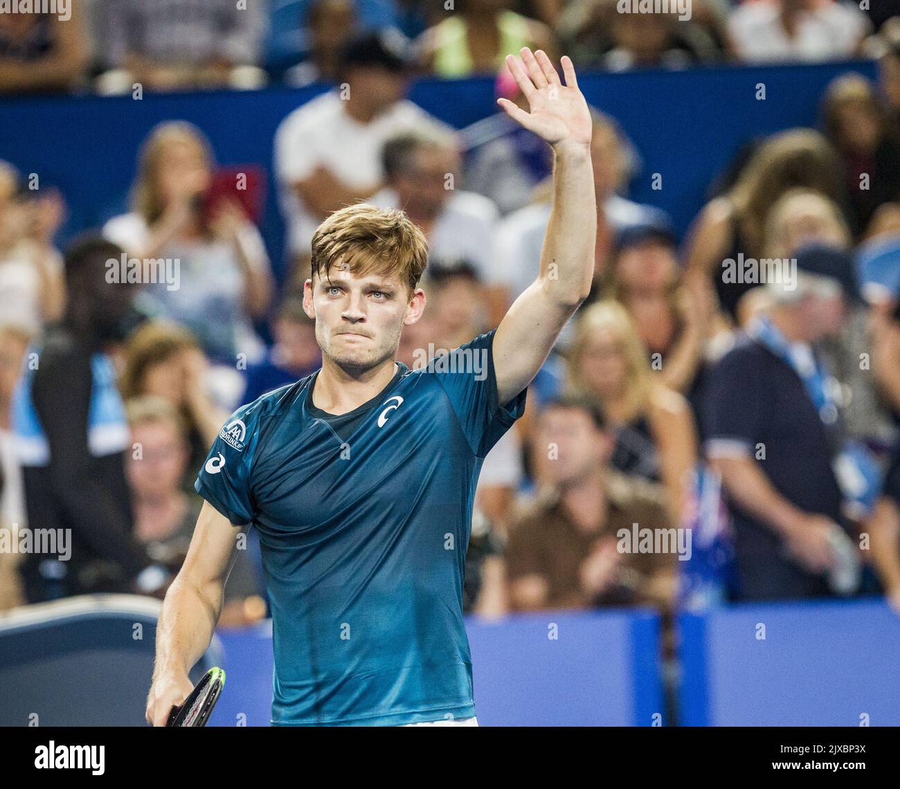 David Goffin aus Belgien winkt nach seinem Sieg beim Männer-Einzelspiel ...