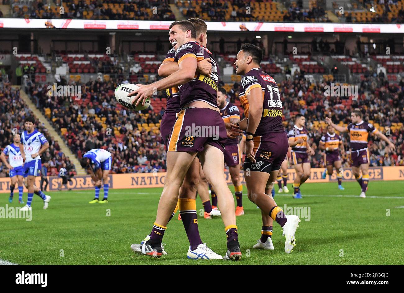 Corey Oates von den Broncos reagiert nach einem Versuch während des NRL ...