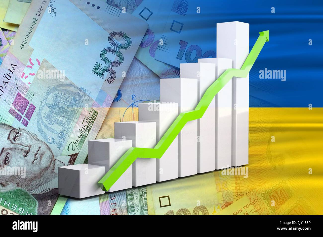 Wirtschaftsdiagramm: Steigender Pfeil, Cash-Griwna-Banknoten und ...