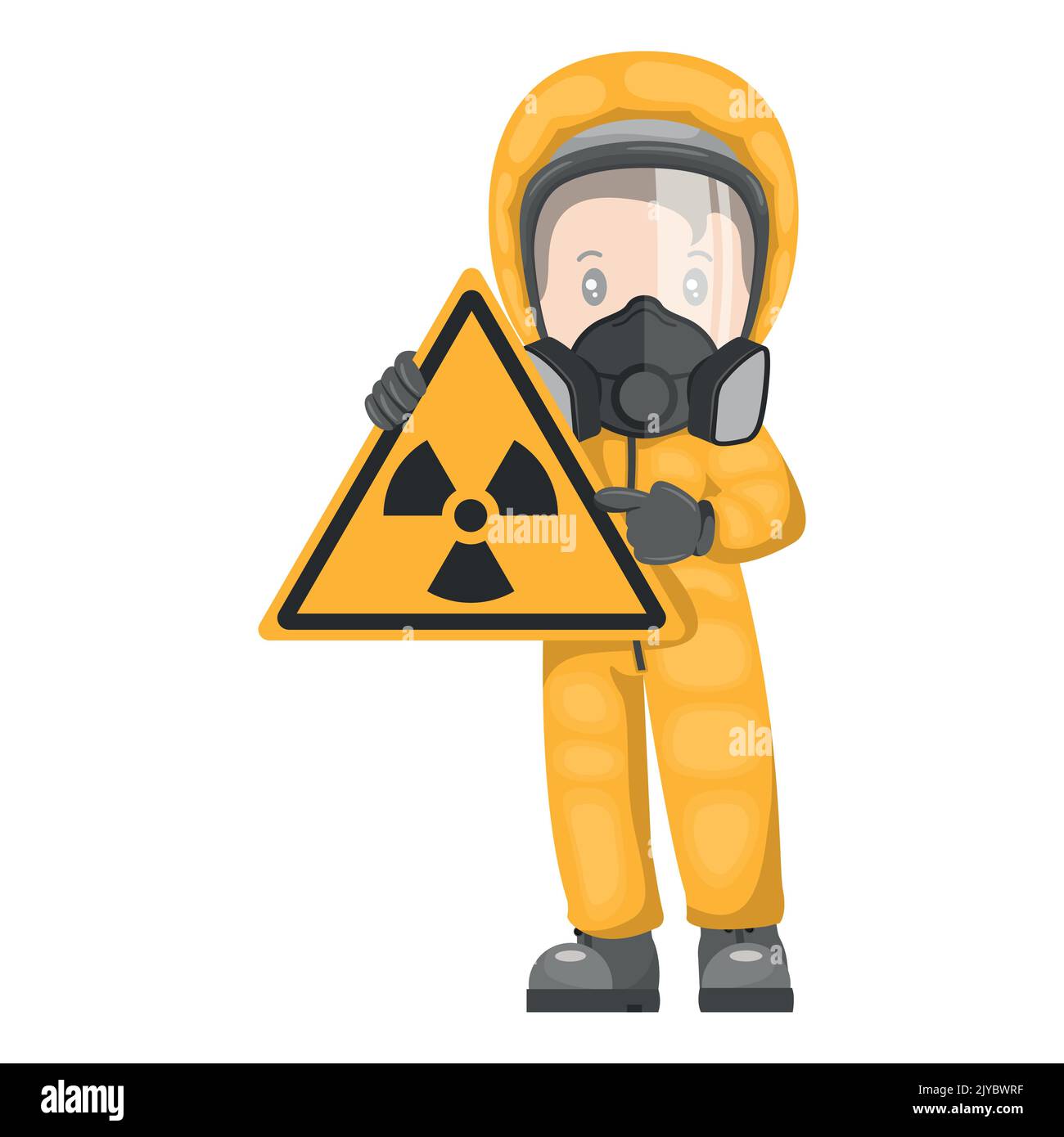 Industriearbeiter mit Warnschild für radioaktive Strahlung. Piktogramm ...
