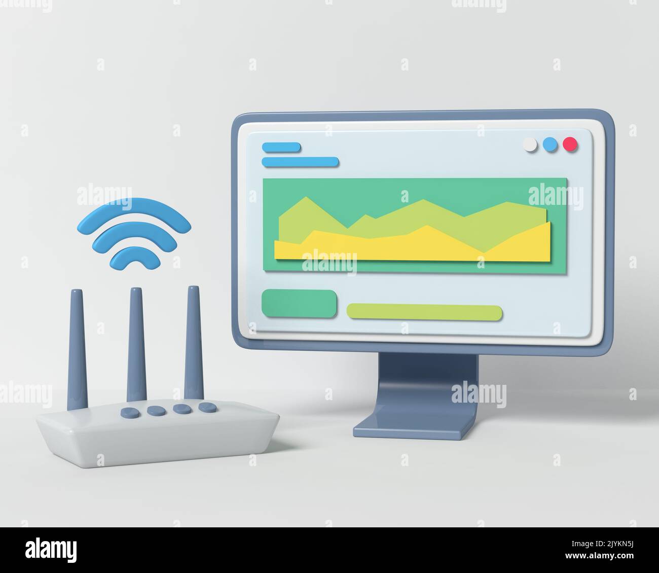 Computer mit Router und Wi-Fi-Symbol. Monitor mit Informationen und ...