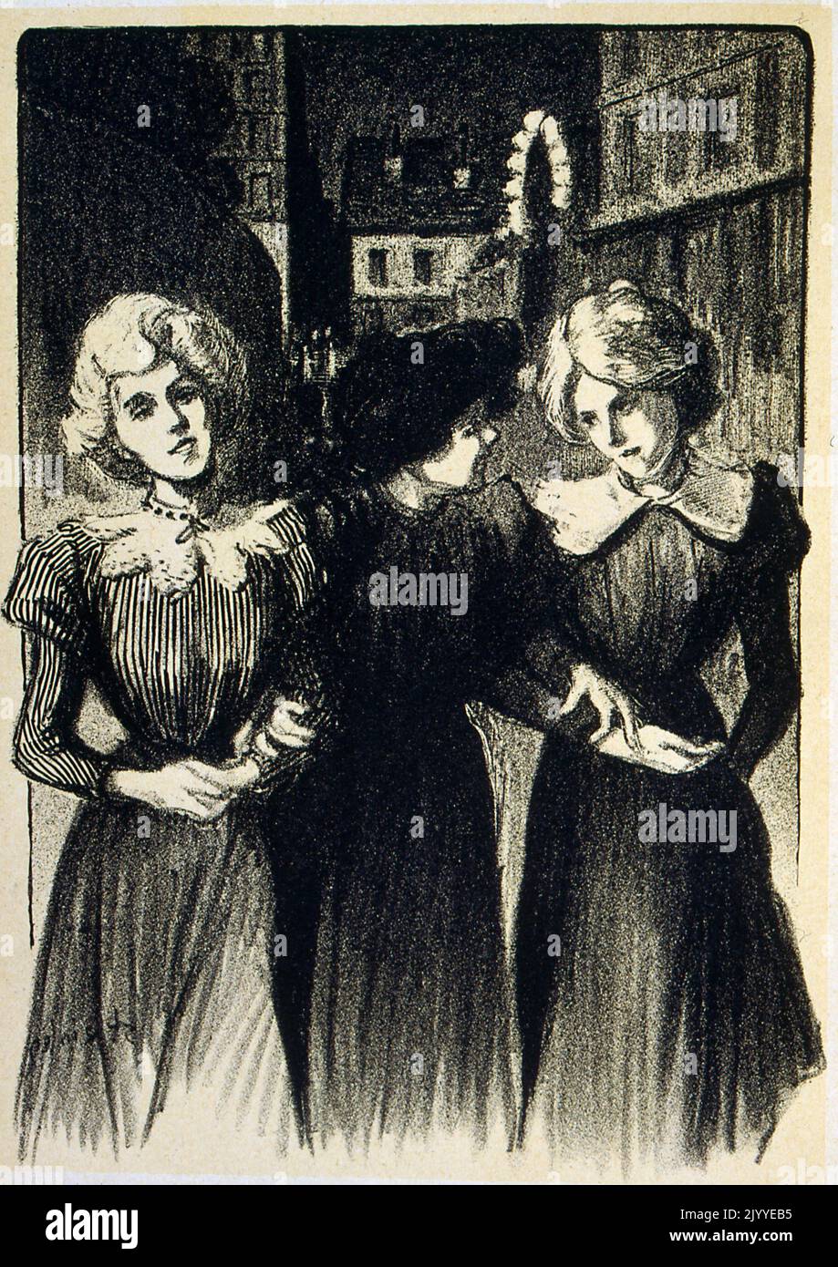 Holzkohle Illustration von drei Frauen in der Nacht auf der Straße ... Holzkohle Illustration von drei Frauen in der Nacht auf der Straße ...