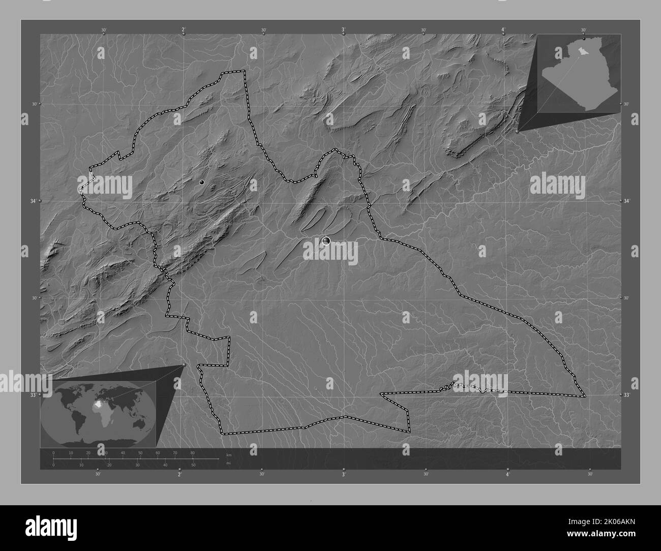 Laghouat, Provinz Algerien. Bilevel-Höhenkarte mit Seen und Flüssen ...