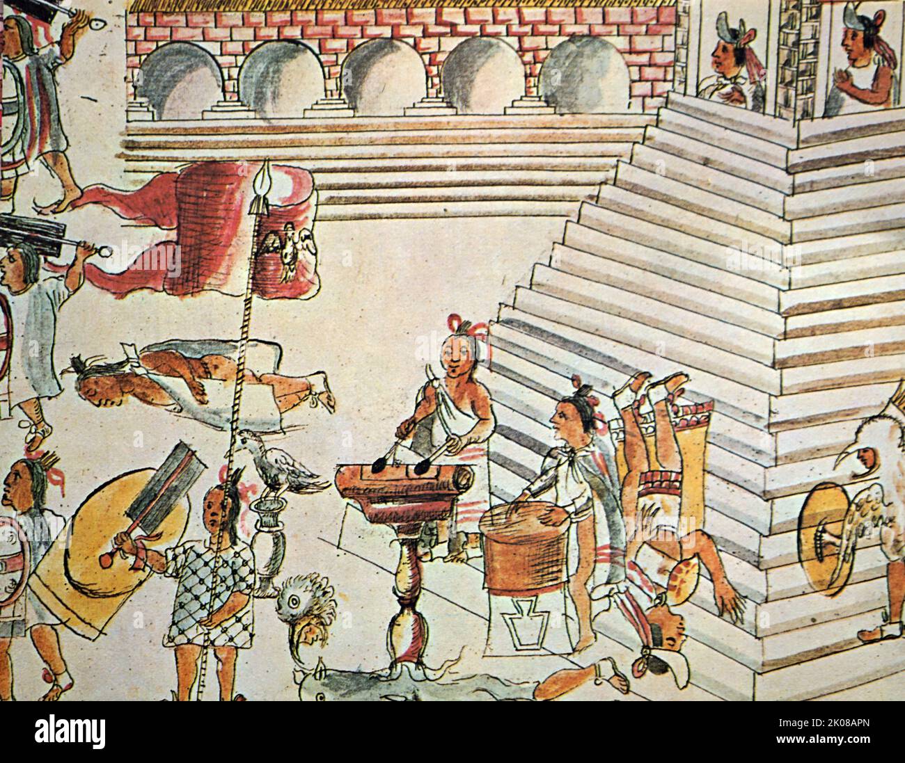 Illustration von Azteken-Priestern, die menschliche Opfer die Stufen ...