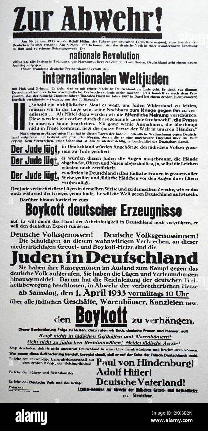 Dieses Plakat, das am 1. April 1933 auf jüdischen Geschäftsräumen zum ...