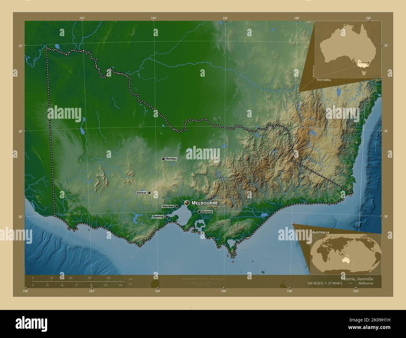 Victoria, Bundesstaat Australien. Farbige Höhenkarte mit Seen und ...