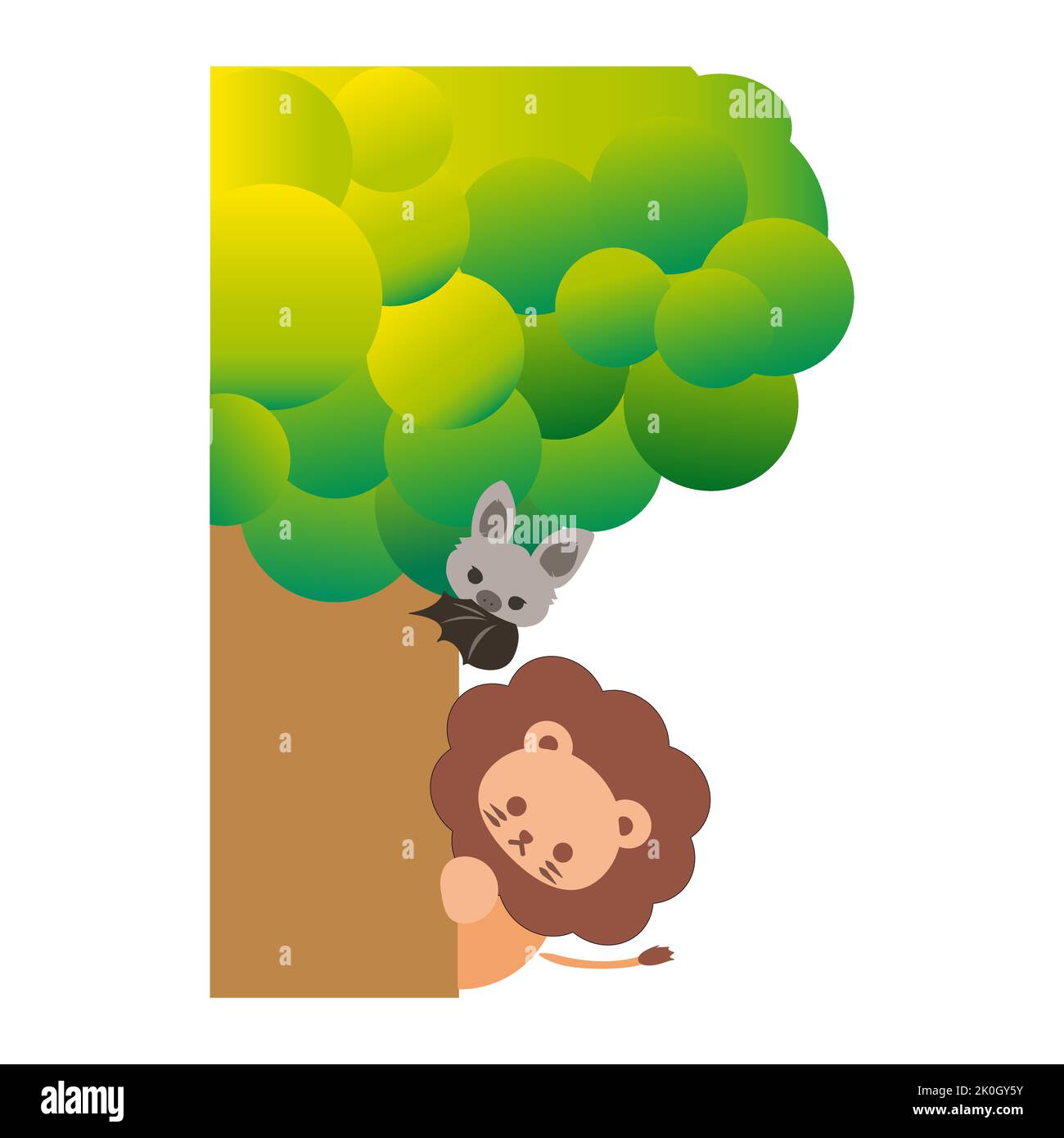 Niedliche Cartoon-Fledermaus und Löwe versteckt hinter dem Baum ...