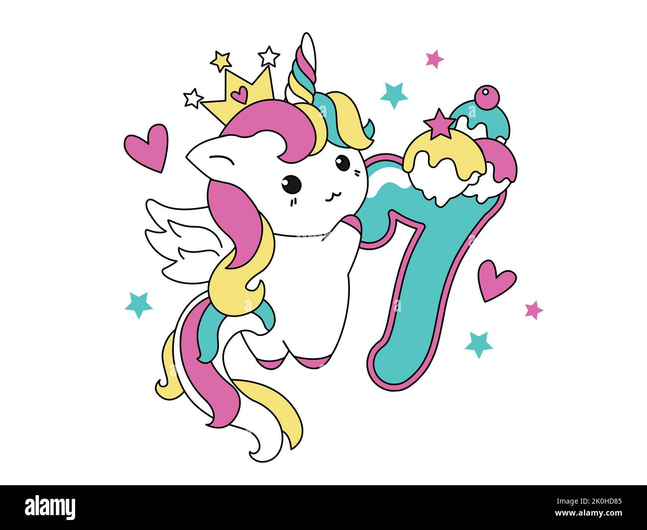 Niedliche Einhorn-Kollektion im Kawaii-Stil mit der Nummer sieben ...