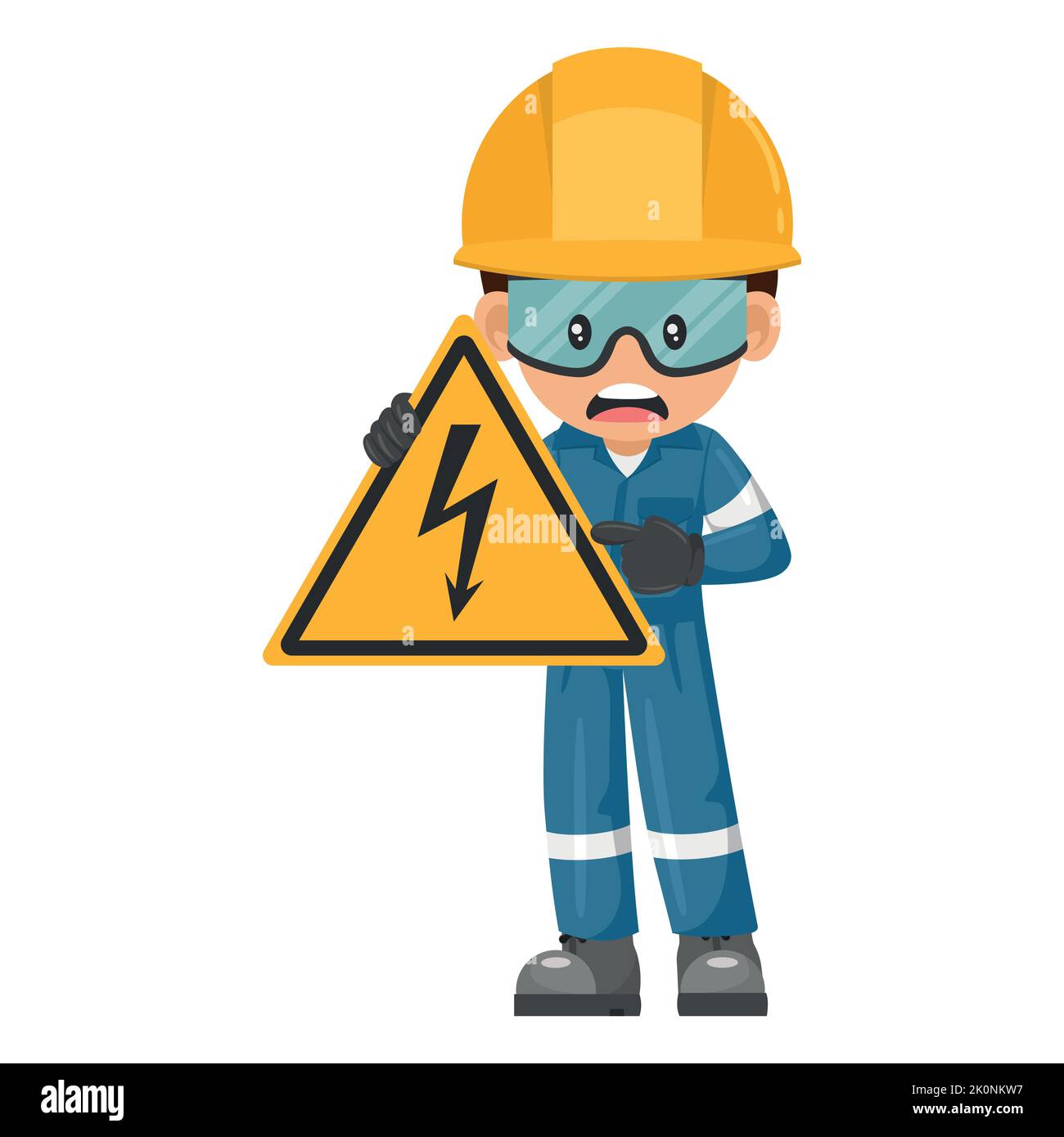 Industriearbeiter mit Warnschild für elektrische Gefahren. Warnsymbole ...