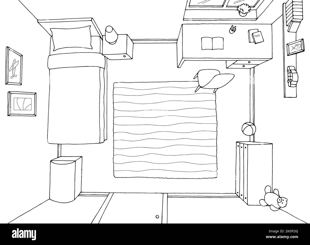 Kinder Zimmer oben Antenne Grafik schwarz weiß Haus Interieur Skizze ...