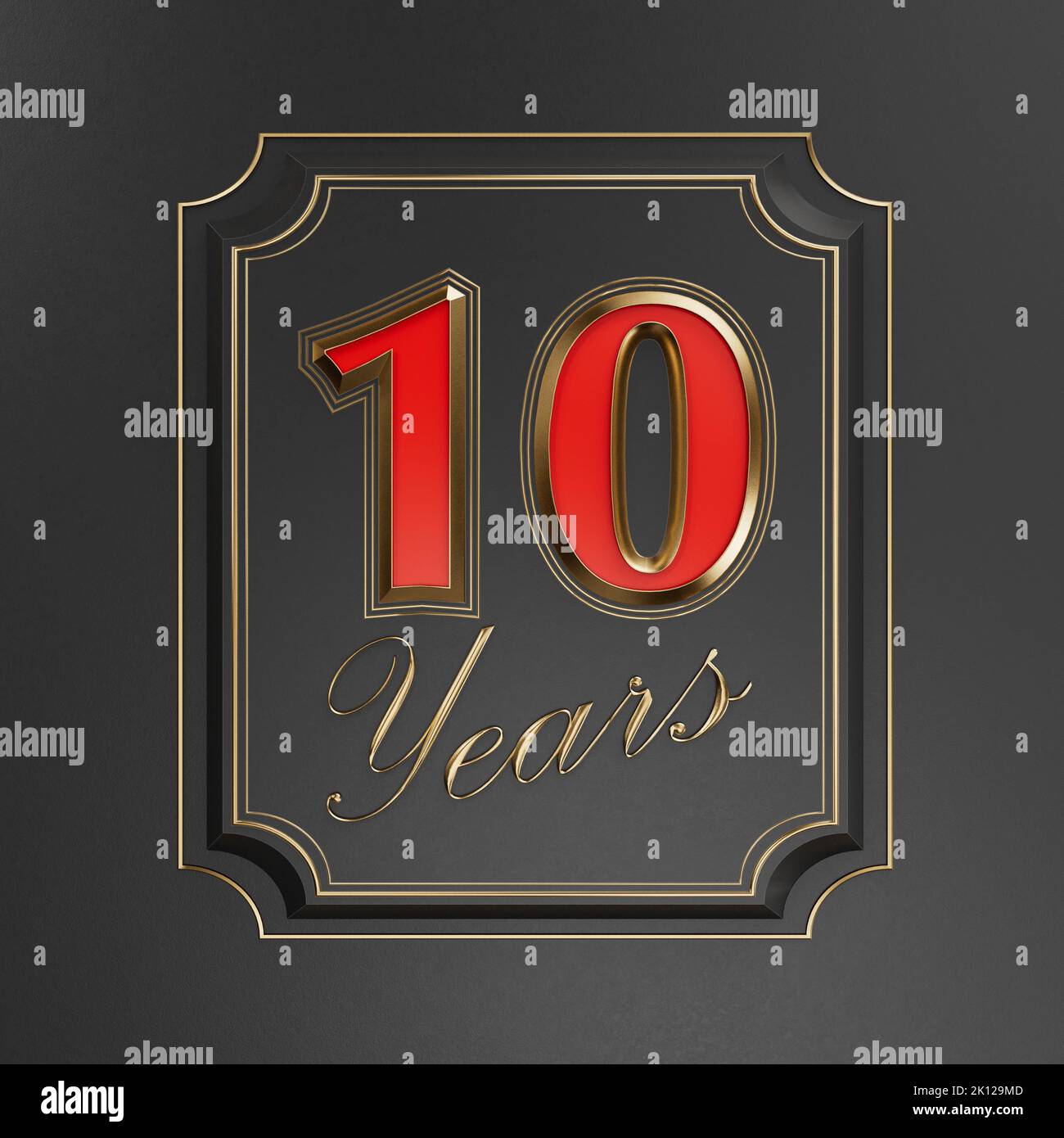 Rote Inschrift zehn Jahre (10 Jahre) mit goldenen Rändern auf dunklem ...