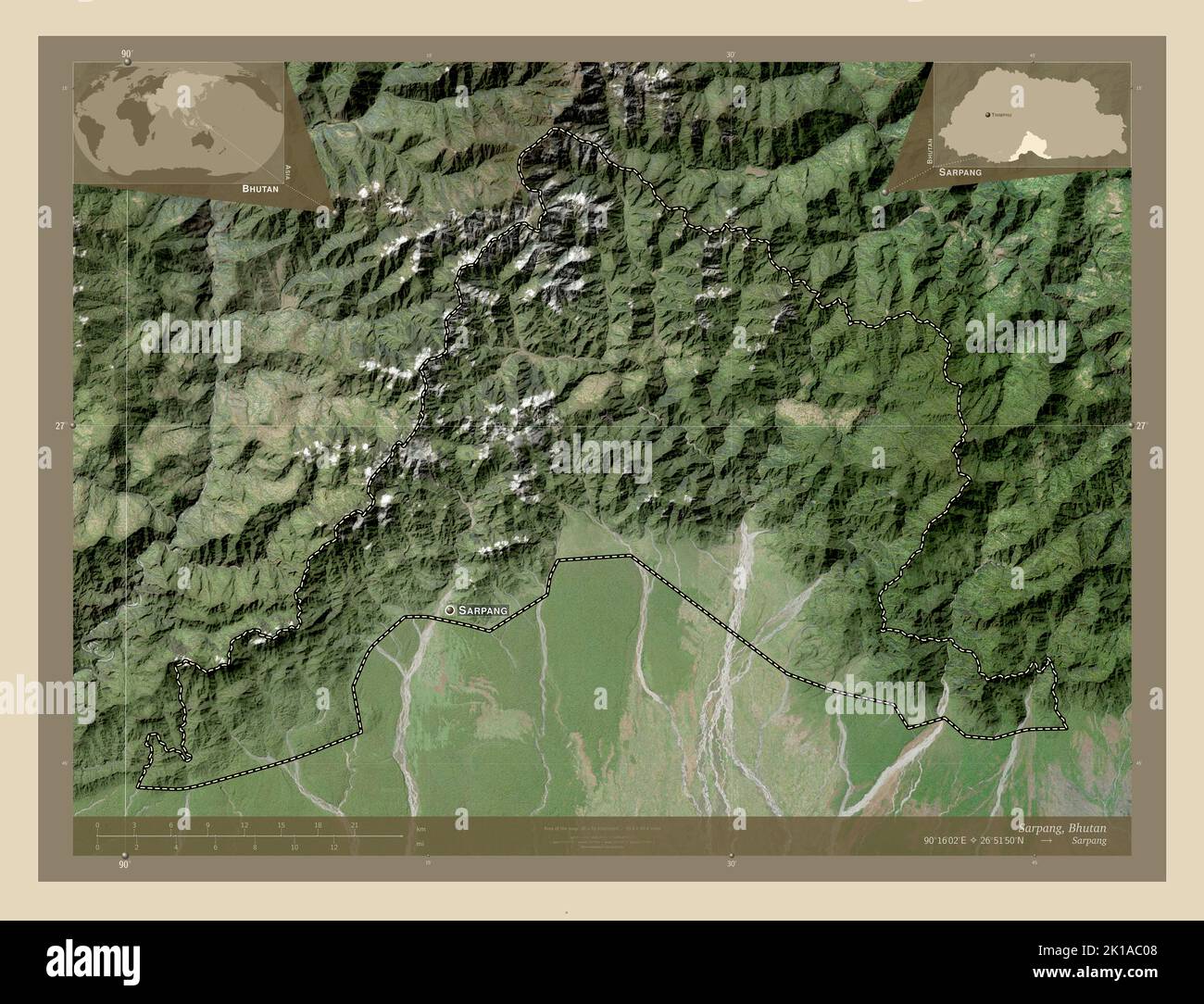 Sarpang, Distrikt von Bhutan. Hochauflösende Satellitenkarte. Orte und ...