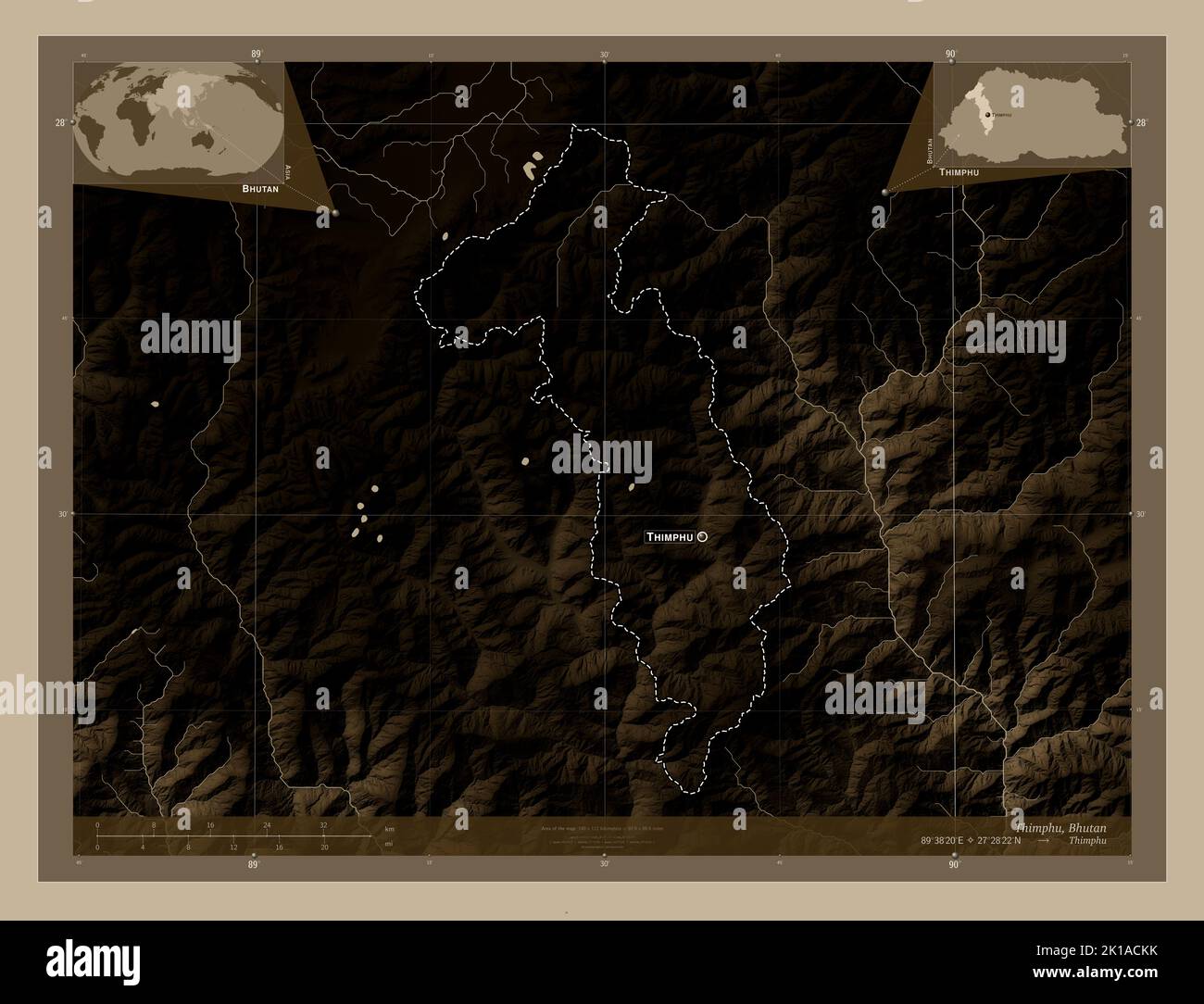 Thimphu, Distrikt von Bhutan. Höhenkarte in Sepia-Tönen mit Seen und ...