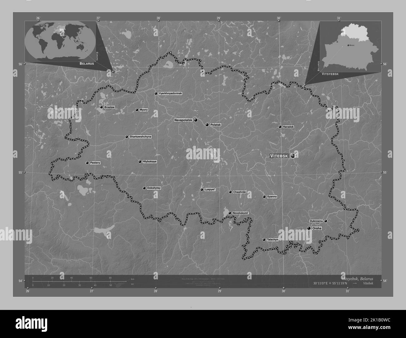 Wizyebsk, Region Weißrussland. Höhenkarte in Graustufen mit Seen und ...