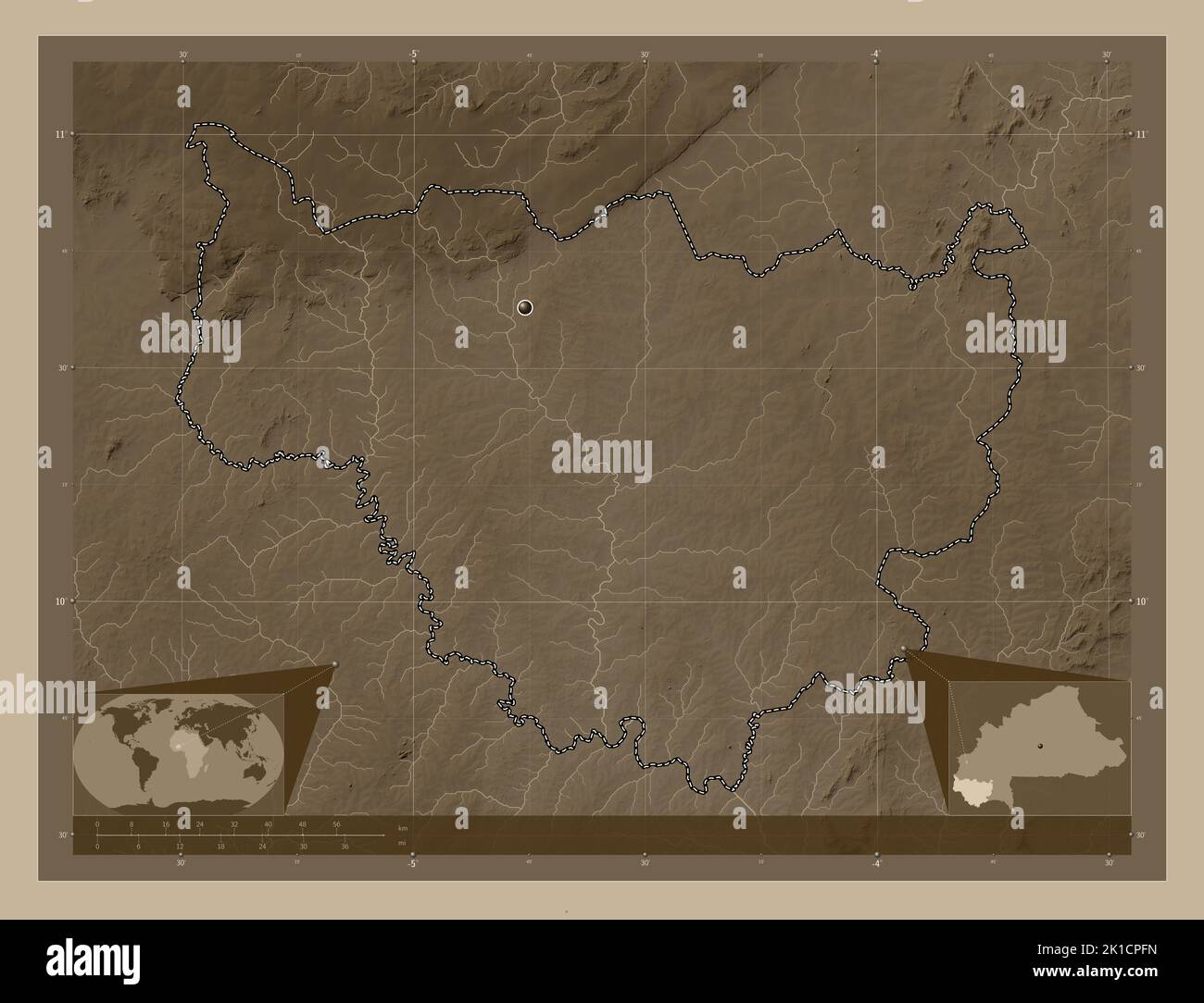 Kaskaden, Region von Burkina Faso. Höhenkarte in Sepia-Tönen mit Seen ...