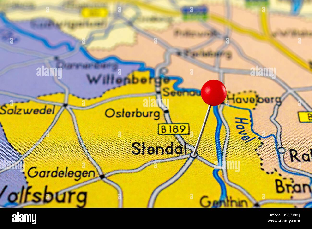 Stendal-Karte. Nahaufnahme der Stendal-Karte mit roter Nadel. Karte mit ...