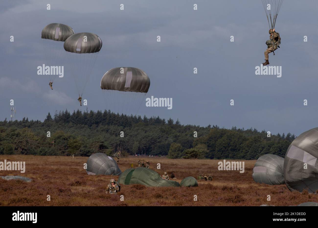 Eine Gruppe von Fallschirmjägern der US-Armee und Europas steigt ...