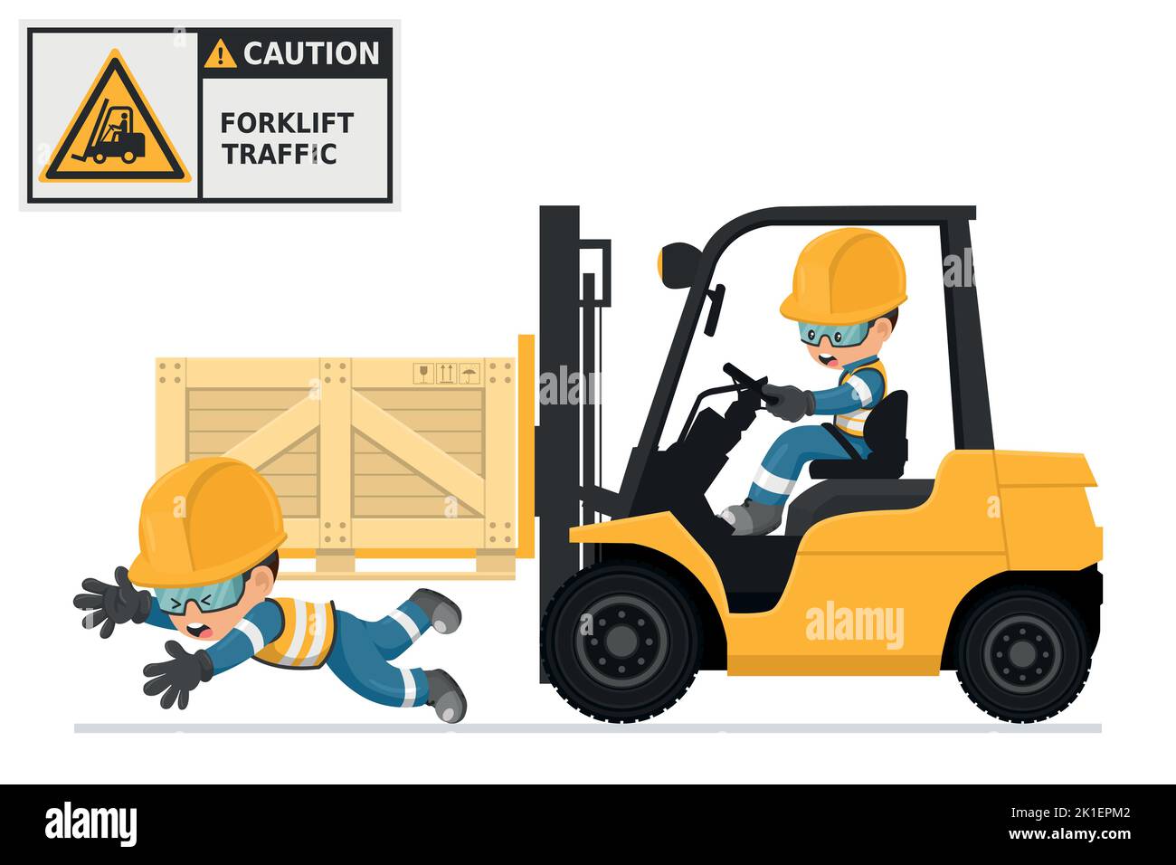 Industriearbeiter, der einen Gabelstapler bei einem Unfall zu einem ...