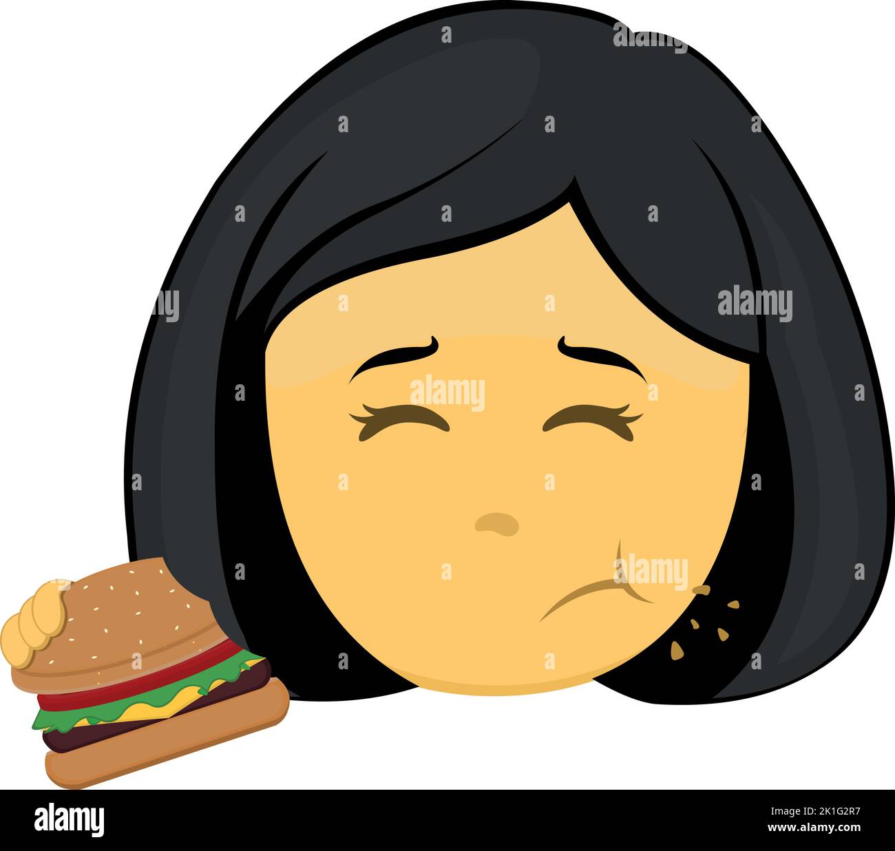 Vektor-Emoji-Illustration einer gelben Cartoon-Frau beim Essen eines ...