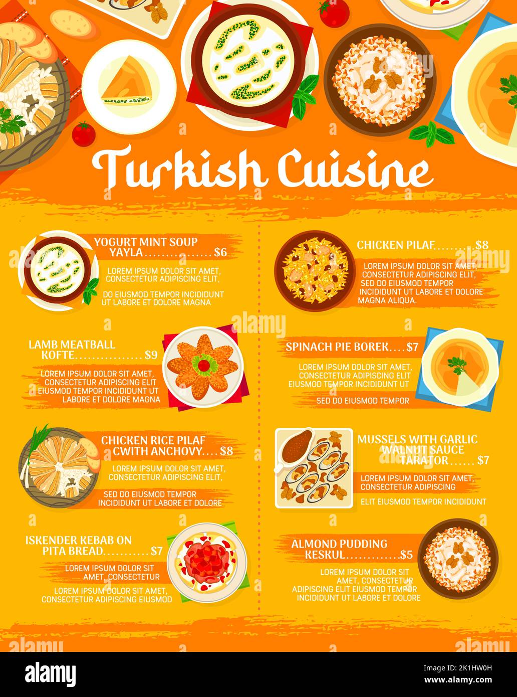 Türkische Küche, türkische Gerichte und traditionelles Mittagessen, Vector-Restaurant-Gerichte ...