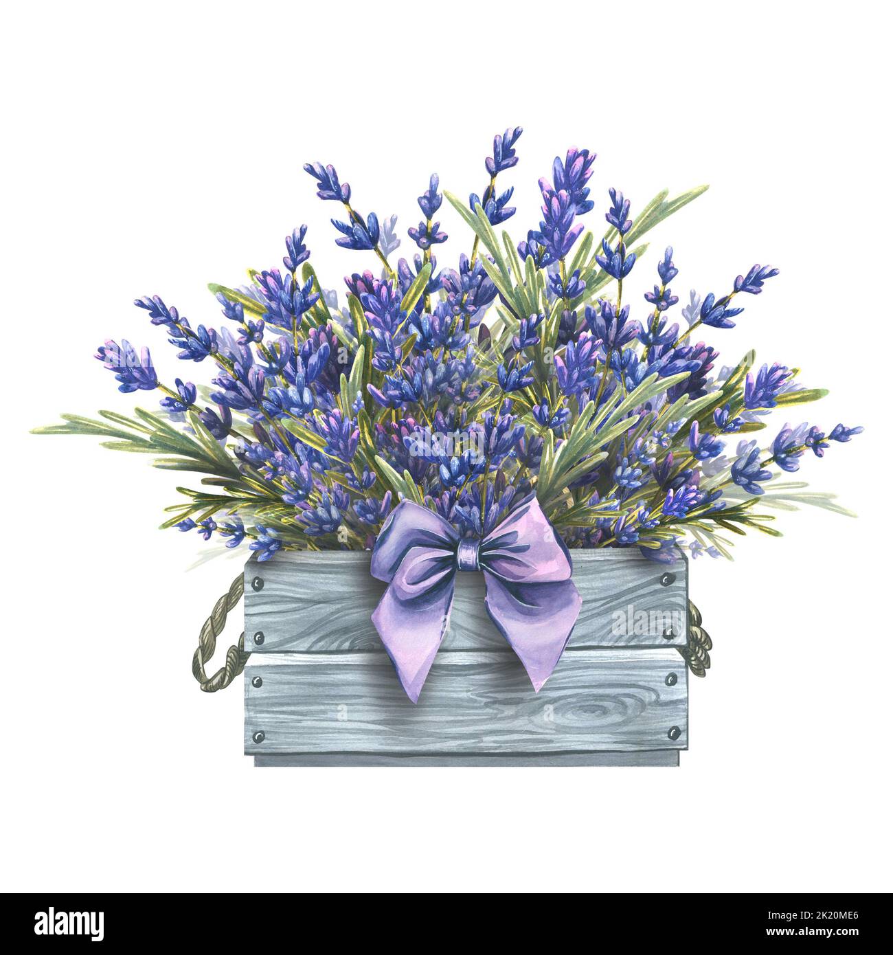 Blumen und Zweige aus Lavendel, ein Bouquet in einer grauen Holzkiste ...