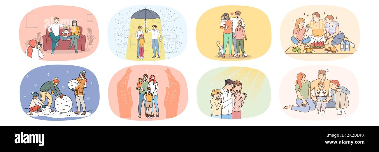 Sammlung von glücklich liebenden jungen Familie mit Kindern genießen ...