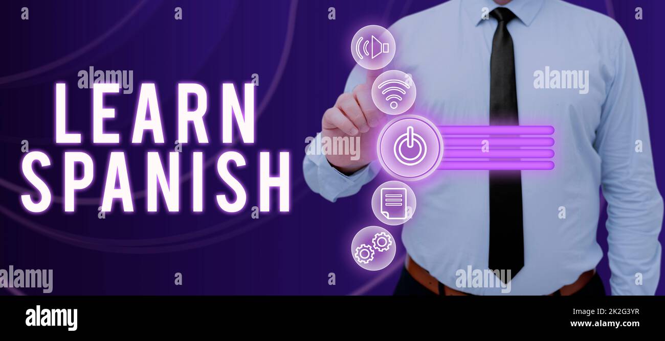 Schild mit der Anzeige „Spanisch lernen“. Business Showcase Übersetzung ...