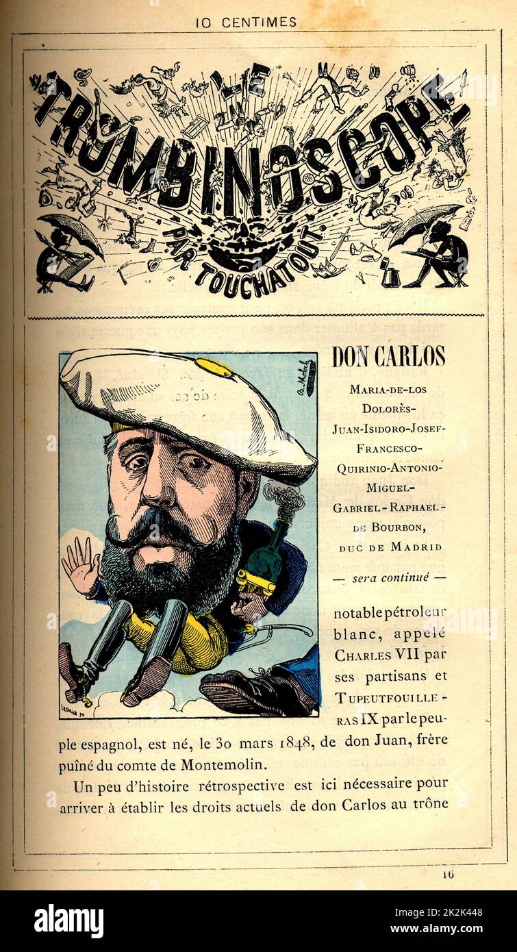 Karikatur von Don Carlos (bekannt als Karl VII.) (1848-1909), dem ...