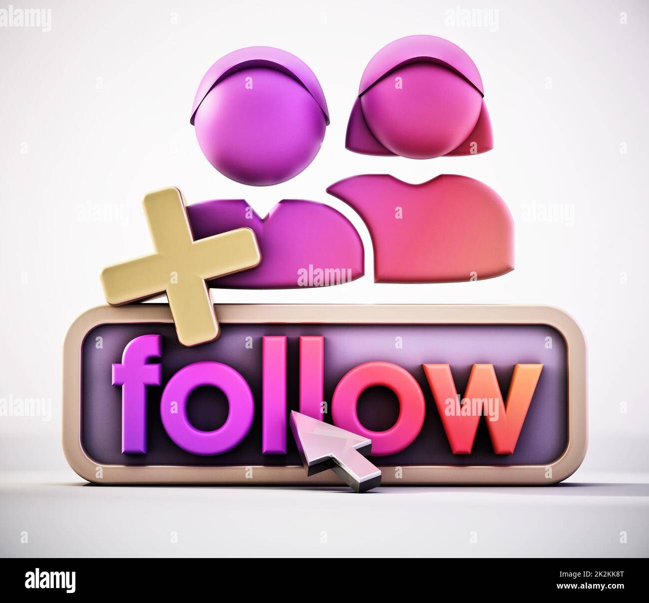 Schaltfläche "Folgen" und allgemeine Follower-Symbole. 3D Abbildung ...