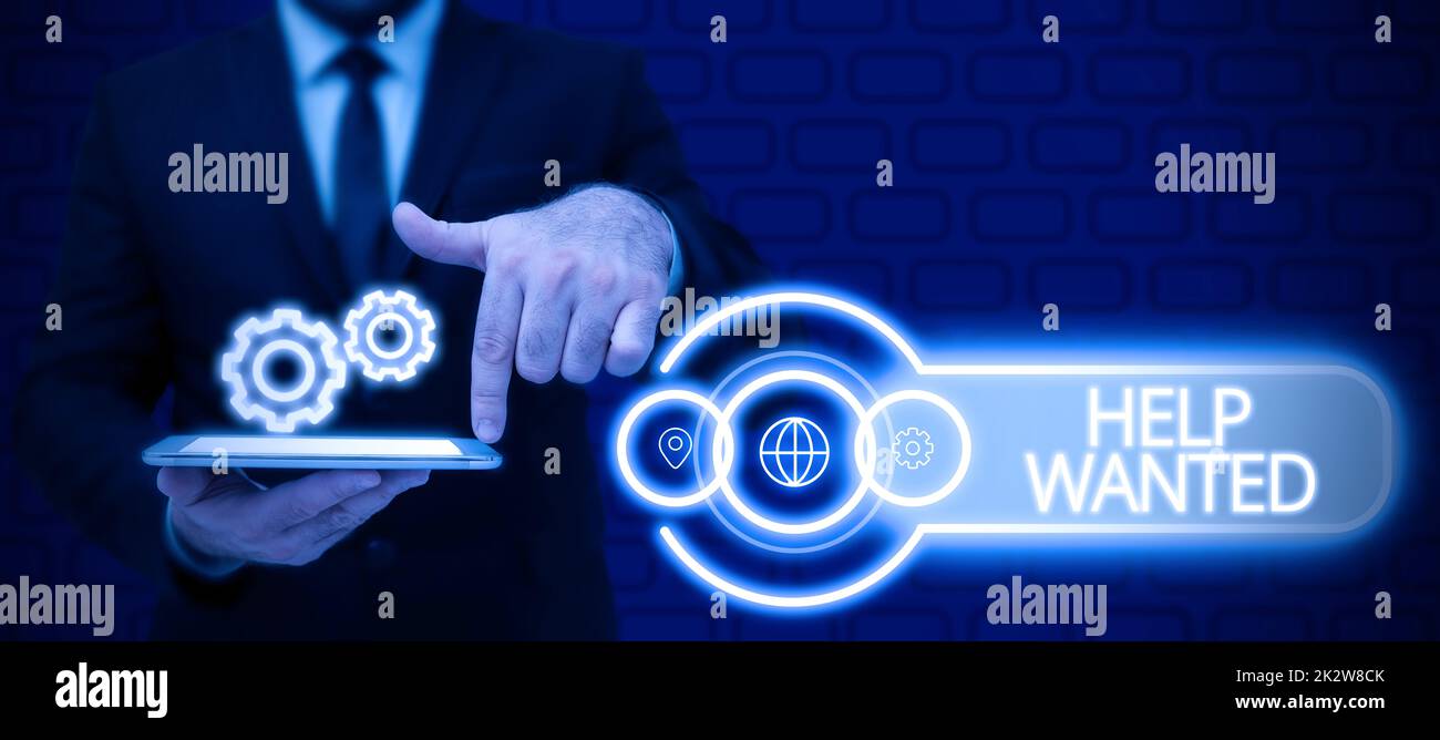 Textunterschrift mit der Darstellung von Help Wanted, Business Showcase ...