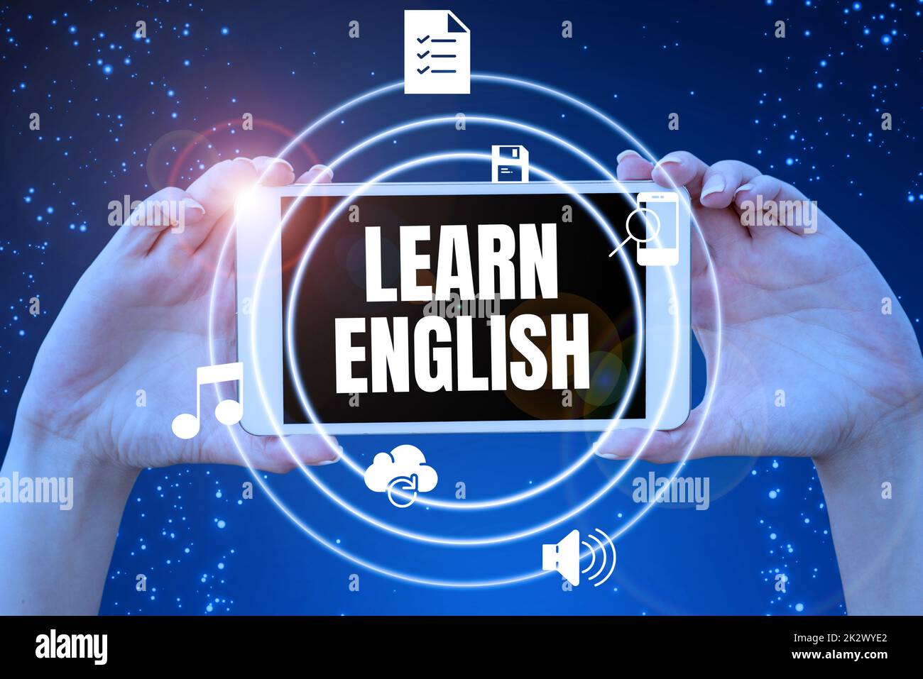 Textzeichen mit „Englisch lernen“. Geschäftskonzept Universalsprache ...