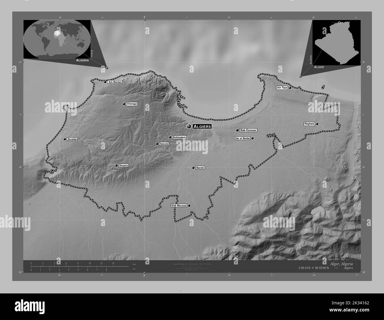 Alger, Provinz Algerien. Höhenkarte in Graustufen mit Seen und Flüssen ...