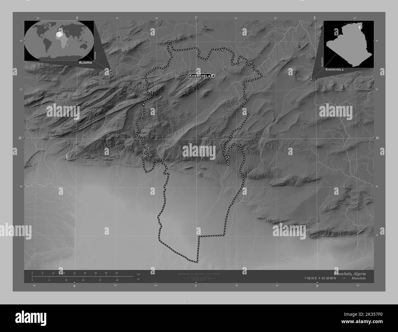 Khenchela, Provinz Algerien. Höhenkarte in Graustufen mit Seen und ...