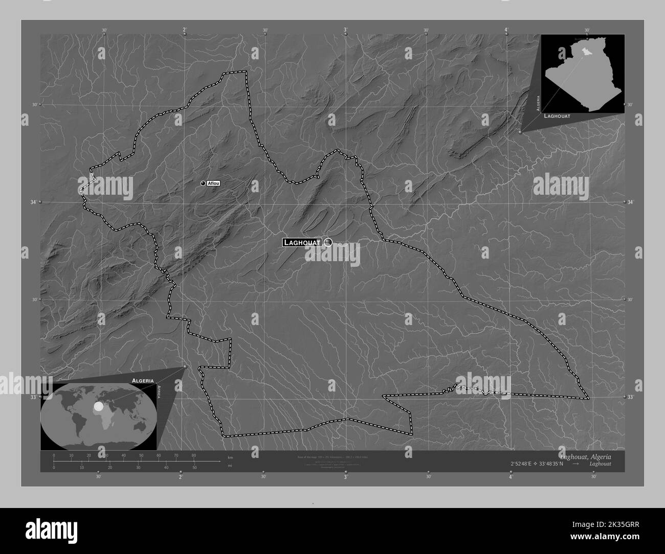 Laghouat, Provinz Algerien. Höhenkarte in Graustufen mit Seen und ...