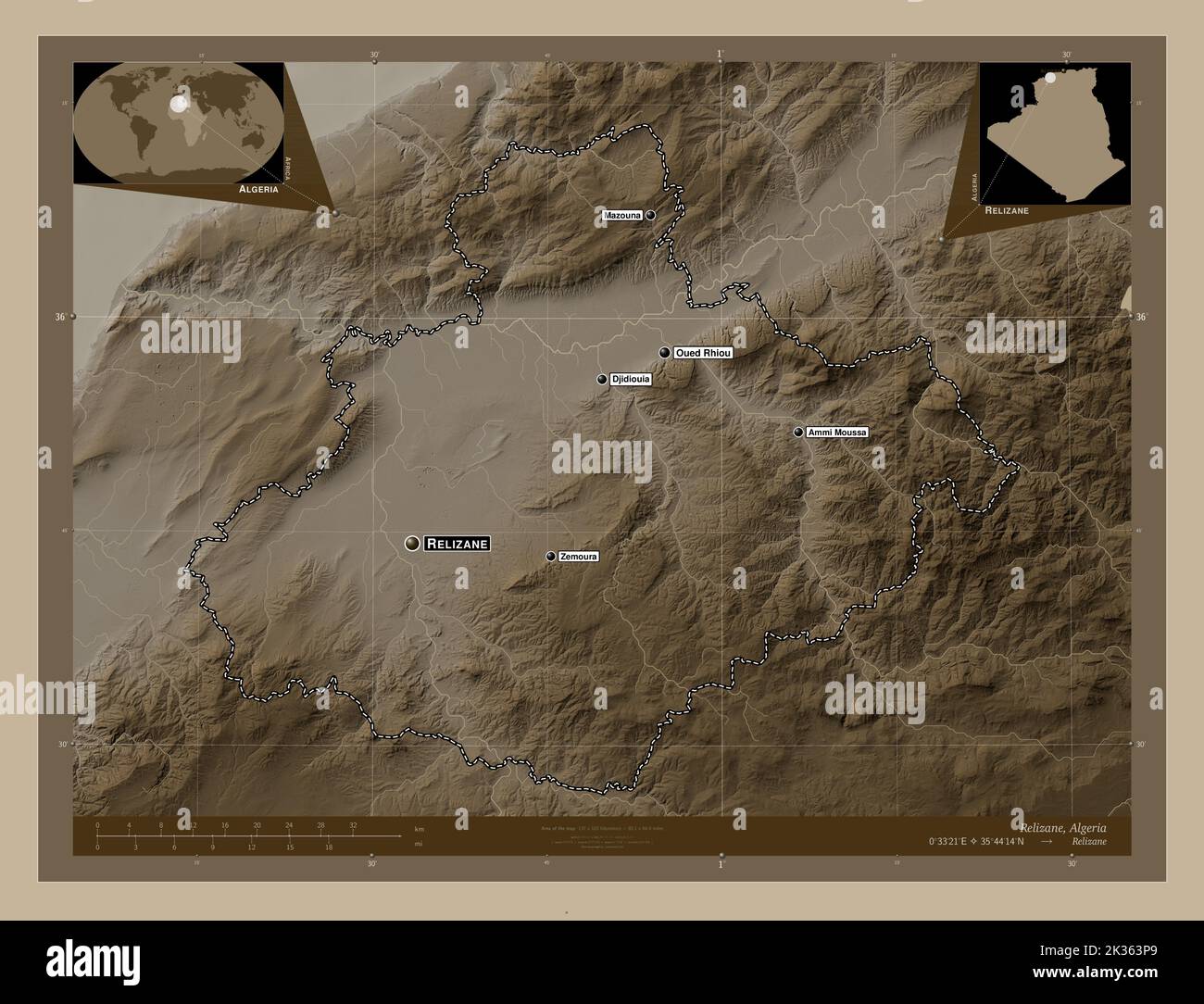 Relizane, Provinz Algerien. Höhenkarte in Sepia-Tönen mit Seen und ...