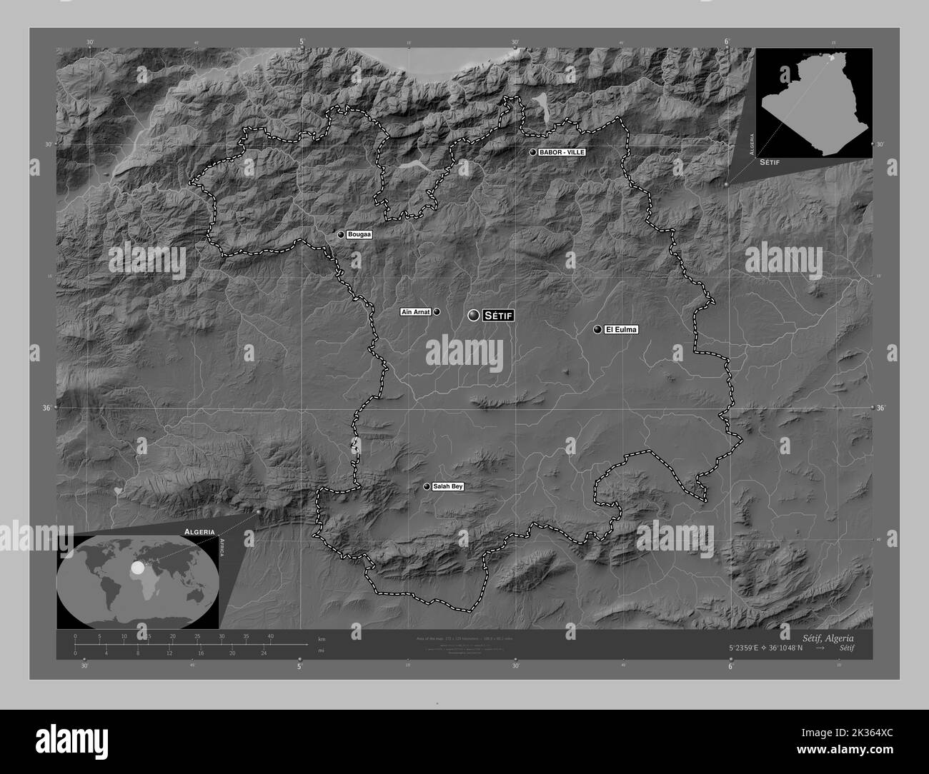 Setif, Provinz Algerien. Höhenkarte in Graustufen mit Seen und Flüssen ...