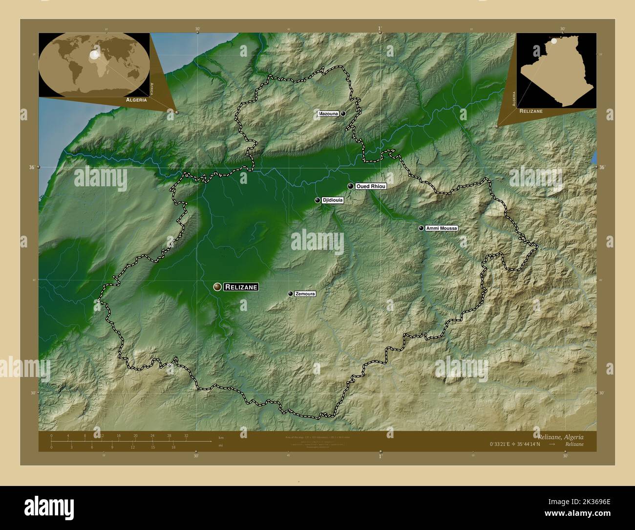 Relizane, Provinz Algerien. Farbige Höhenkarte mit Seen und Flüssen ...