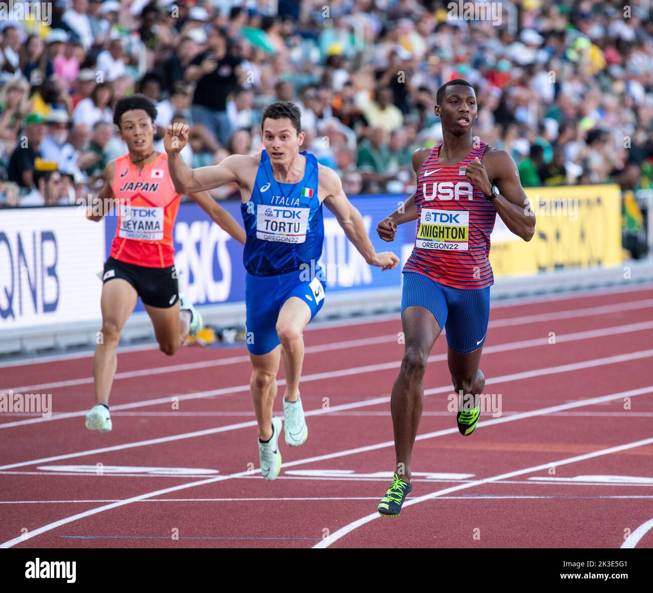Filippo Tortu aus Italien und Erriyon Knighton aus den USA treten im ...