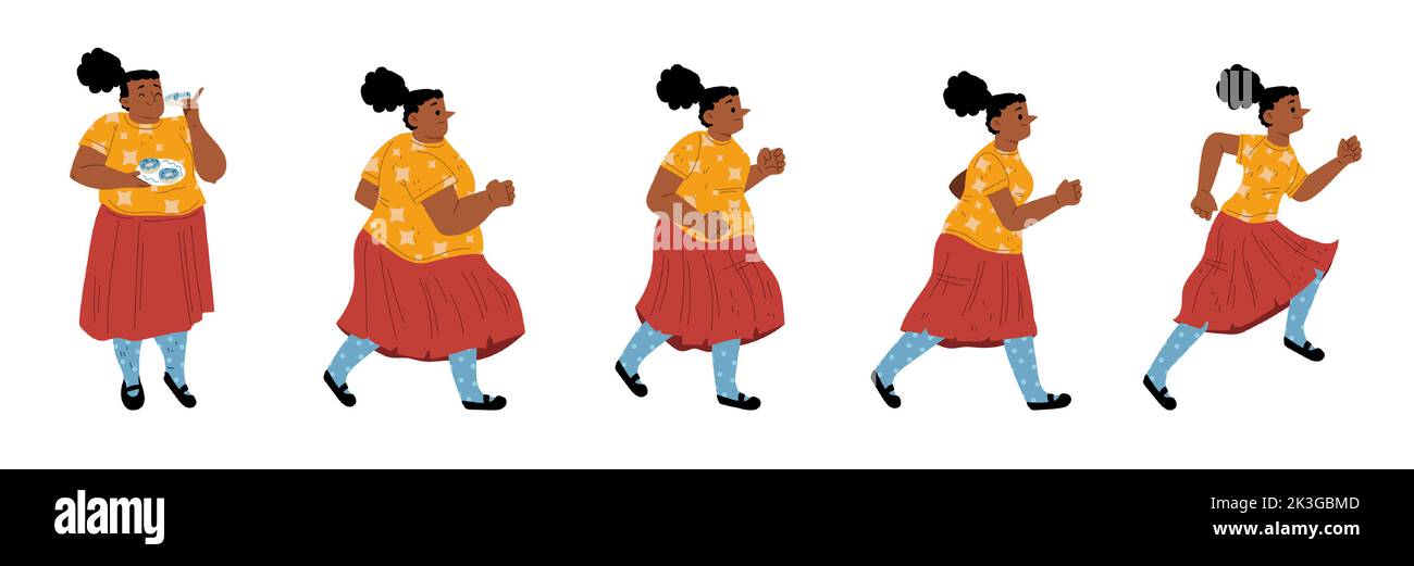 Fat Woman Run, übergewichtige Person Gewichtsverlust Konzept. Mollige ...