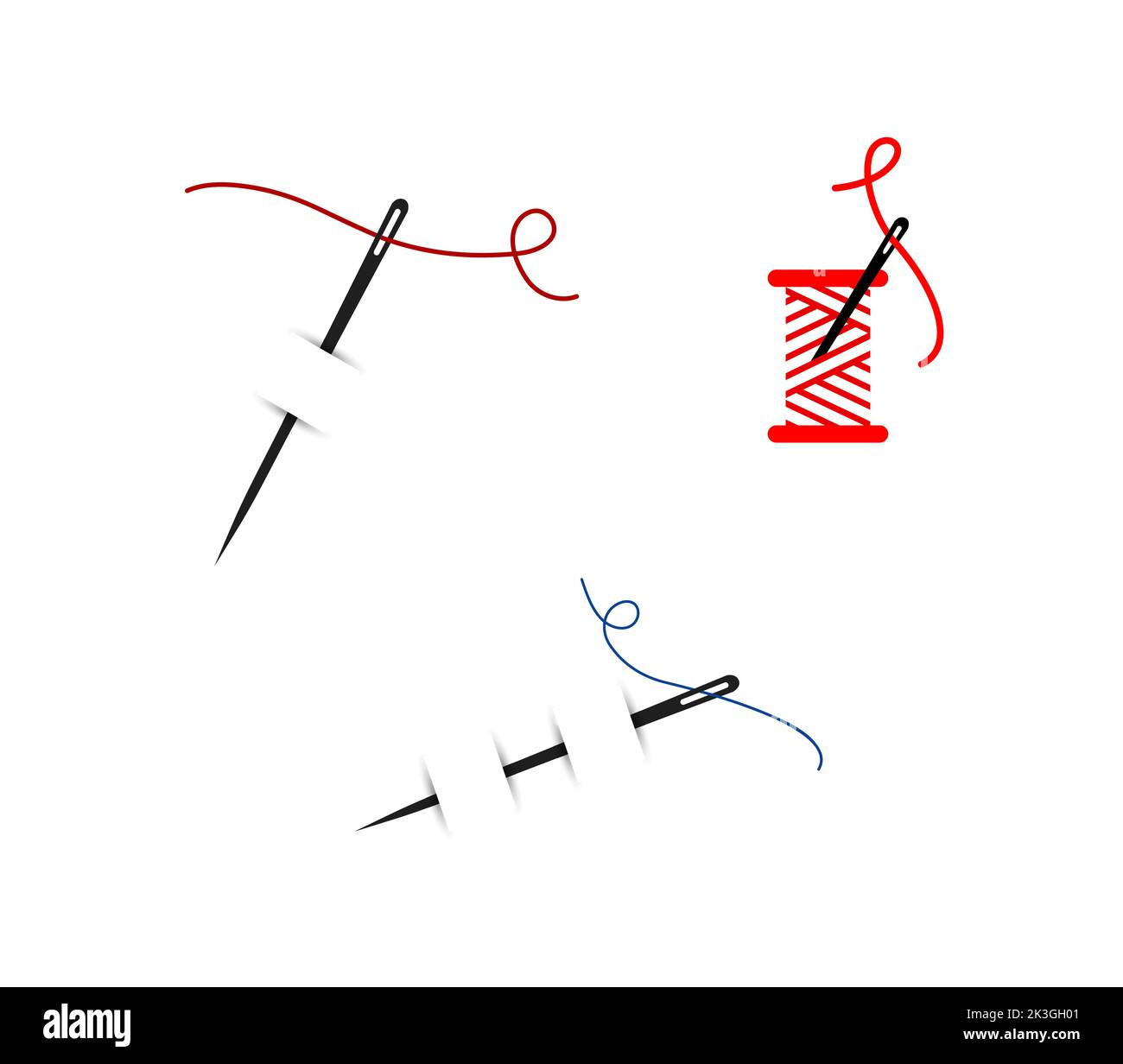 Nähnadel mit Faden und Nähen. Rote Spule des Gewindes. Scharfe Nadel und Faden schwarze ...