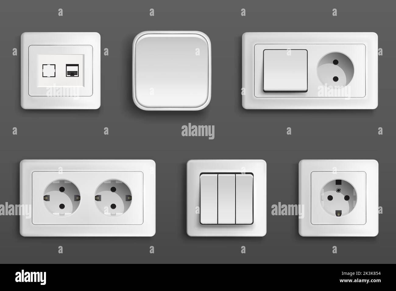 Steckdosen und Schalter an der Wand. Vector realistischer Satz von 3D ...