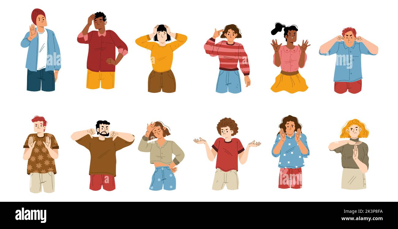 Körpersprache, Konzept der negativen Emotionen. Zeichen zeigen ...