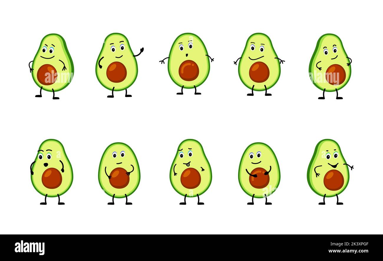 Avocado-Charakter mit witzigem Gesicht. Happy cute Cartoon Emoji Set ...