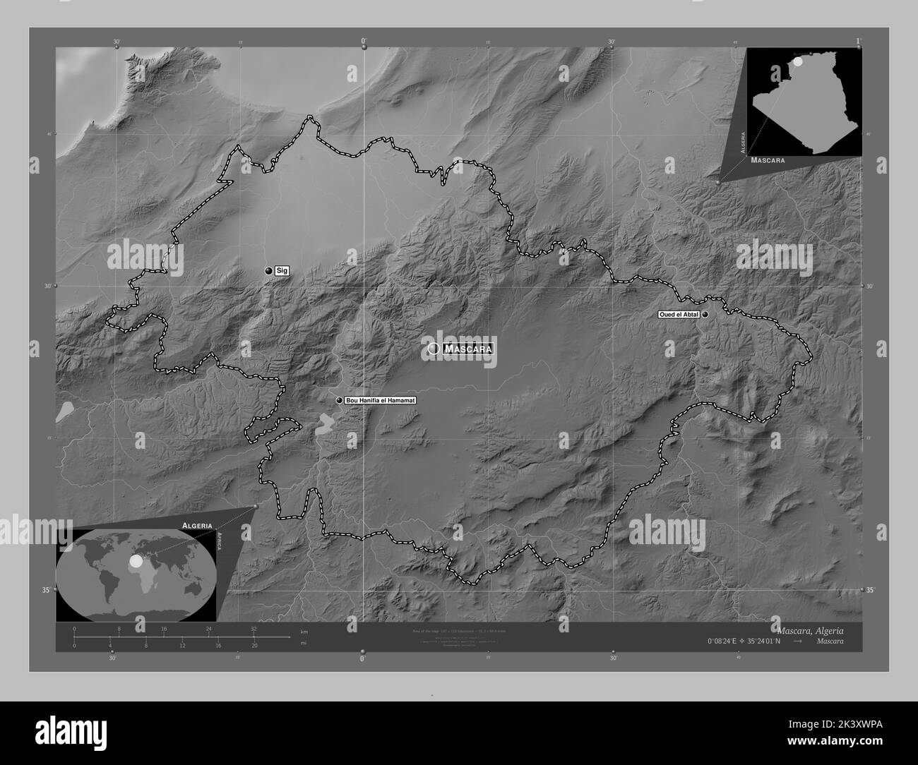 Mascara, Provinz Algerien. Höhenkarte in Graustufen mit Seen und ...