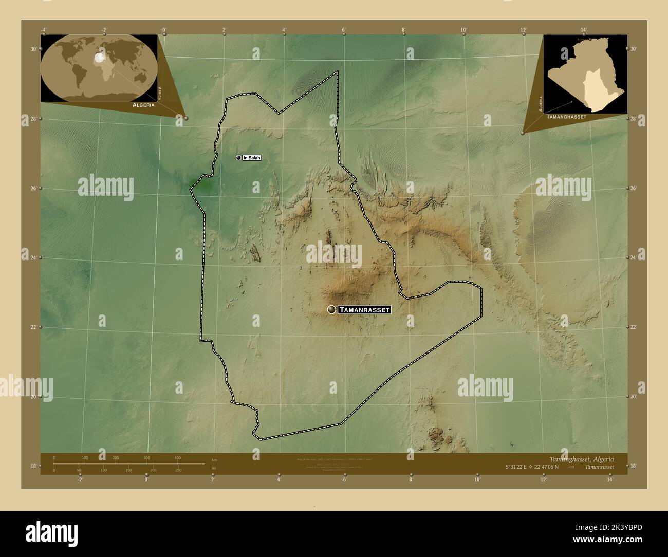 Tamanghasset, Provinz Algerien. Farbige Höhenkarte mit Seen und Flüssen ...