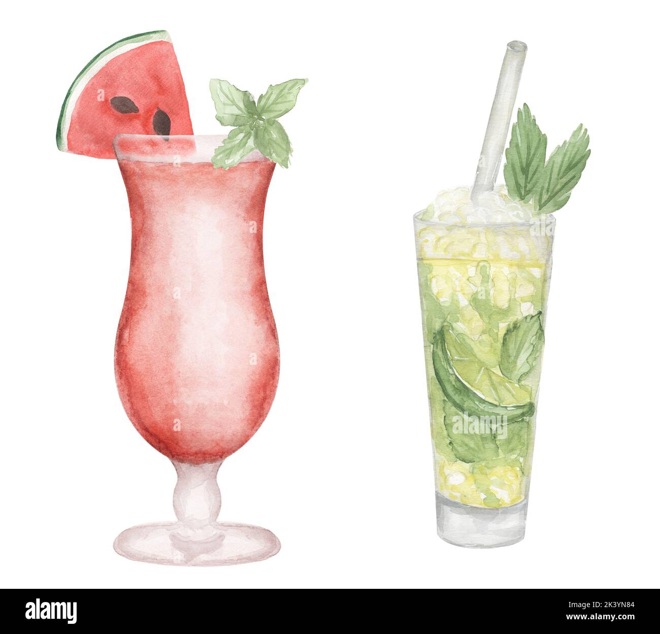 Aquarell handgezeichnete Cocktail Illustration Set mit Wassermelone und ...