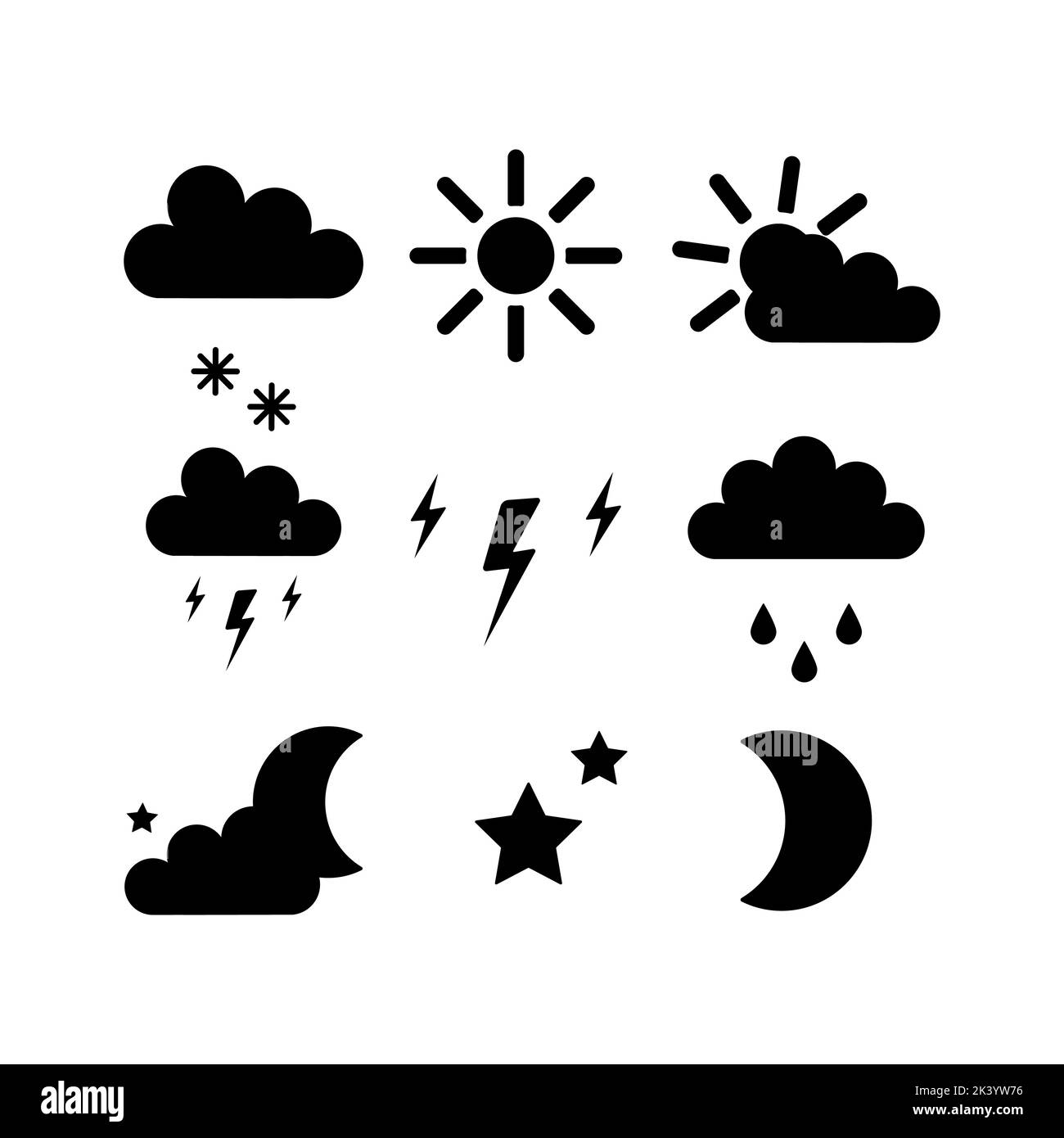 Satz von vektorschwarzen Wettersymbolen. Wettersymbole ...